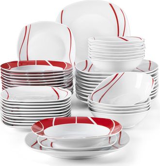 Malacasa Serie Felisa, 48 teilig Set Porzellan Tafelservice mit 12 Flachteller, 12 Kuchenteller, 12 Suppenteller und 12 Schüsseln