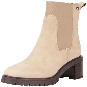 Tommy Hilfiger Damen Chelsea Boots Flag Mid Heel Suede aus Wildleder, Beige (Beige), 36