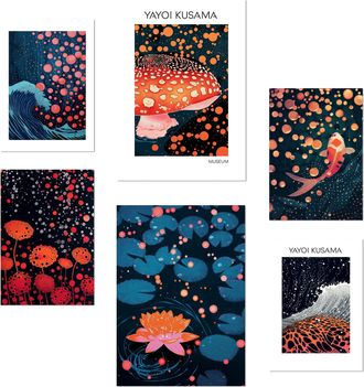 Nacnic 6er-Set Yayoi Kusama Pilz Ola Japanische Dunkle Farben Poster mit Designillustrationen zur Dekoration der Wände Ihres Zuhauses. Räume, Büro, Laden und