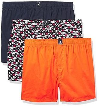 Nautica Cotton Woven 3 Pack Boxers Caleon Boxeur, Logo Peacoat/Tropic Orange imprimé, M (Lot de 3) Homme