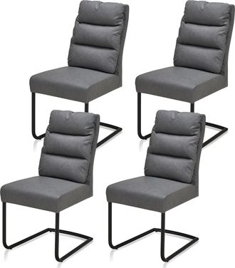 Smart 4er Set Esszimmerst&uuml;hle Mikrofaser Wildlederoptik Grau | Metallgestell pulverbeschichtet, Freischwinger, K&uuml;chenstuhl, Wohnzimmerstuhl, Polsterstuhl mi