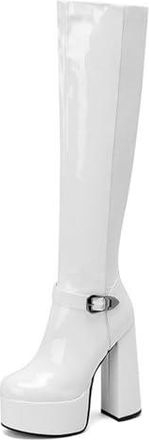 Generic Bottes d&eacute;quitation montantes &agrave; fermeture &eacute;clair pour femme avec ceinture et bout rond et talons &eacute;pais, blanc, 37.5 EU