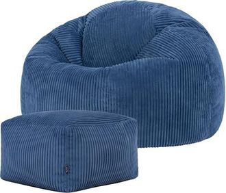 Icon Brand Kingston Sitzsack mit Hocker Cord, Denimblau, Sitzsack Erwachsene mit F&uuml;llung, Bean Bag, Cord Sessel, Lounge Sessel, Lounge Stuhl, Schlafzimmer, Wohnz