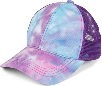styleBREAKER Damen Ponytail Baseball Cap im Batik Look mit Mesh Einsatz, Basecap, Klettverschluss verstellbar 04023081, Farbe:T&uuml;rkis-Violett