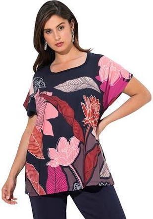 Ulla Popken Femme Grandes Tailles Blouse Oversize, imprimé à Fleurs. Décolleté Rond, Manches Courtes Marine 50+ 832760770-50+