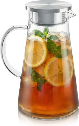 Arendo Wasserkaraffe 2 Liter - 2000 ml - Karaffe aus Glas mit Deckel - Glaskaraffe aus lebensmittelechtem Edelstahl - Borosilikatglas hitzebest&auml;ndig bis 100 