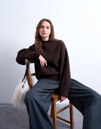 Topshop Pull ras de cou &eacute;pur&eacute; en maille &eacute;paisse - Chocolat-Brown