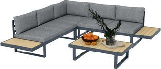 OUTSUNNY Salon de jardin dangle 5 places avec table basse coussins alu gris aspect bois