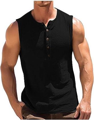 Generic T-shirt sans manches uni l&eacute;ger pour homme - Classique - Tendance - D&eacute;contract&eacute; - Respirant - Polyvalent - Extensible - Henley - Entra&icirc;nement et course