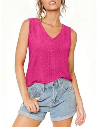 Zeagoo D&eacute;bardeur &eacute;l&eacute;gant pour femme - Col en V - Sans manches - D&eacute;contract&eacute; - En tissu &agrave; oeillets, Rose, XXL