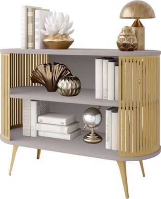 Mirjan24 Kommode mit Ablage Rajkon, Ovale Form, Beine aus Metall, Modernes Sideboard, Highboard, Anrichte, Mehrzweckschrank (Cashmere, Gold)