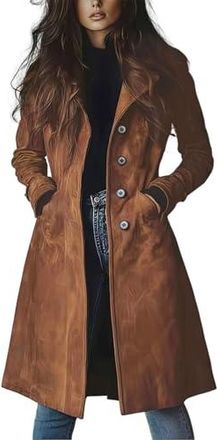 Generic Trench en daim marron pour femme, manteau de travail long &agrave; revers fin, manteau de travail long, manteau dautomne et dhiver &agrave; simple boutonnage en cui