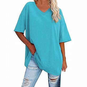 Generic T-shirt femme printemps &eacute;t&eacute; l&acirc;che demi-manches col en V coton ample tunique d&eacute;contract&eacute;e haut pour femme, bleu, XXL
