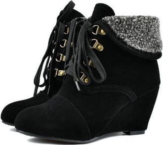 Generic Bottes de neige à talon compensé pour femme - Bout rond - Lacets - Confortables - Rétro - Pour lhiver, Noir, 38.5 EU