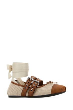 Miu Miu Womens Two-Tone Canvas Ballerinas Naturaletabacco Ballerine Flat Shoes