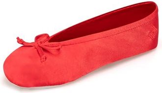 Isotoner Chaussons &eacute;lastiques en satin pour femme avec noeud doux, semelle en daim et doublure en &eacute;ponge, Sriracha, taille unique