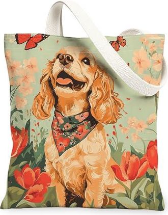 Generic Sac fourre-tout en toile pour le shopping 33 x 38 cm, motif floral vintage, sac &agrave; bandouli&egrave;re r&eacute;utilisable pour femme, peinture danimaux domestiques, 