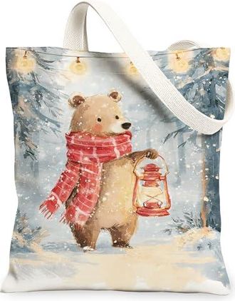 Generic Sacs fourre-tout en toile motif ours mignons, sacs de courses r&eacute;utilisables, art dhiver fantaisie, toile l&eacute;g&egrave;re et lavable pour salle de sport, ext&eacute;ri