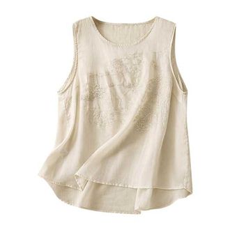 Generic D&eacute;bardeurs en lin pour femme - Broderie vintage - Sans manches - D&eacute;contract&eacute; - Tendance - Pour femme - Chemisier boh&egrave;me, beige, XXL