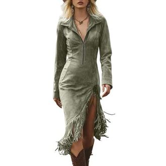 Generic Robe de cowgirl occidentale en faux daim pour femme, col en V profond, ourlet irr&eacute;gulier, coupe ajust&eacute;e, longueur midi, vert militaire, XXL