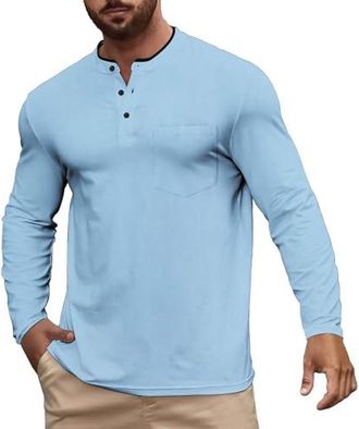 Generic T-shirt d&eacute;contract&eacute; &agrave; manches longues pour homme - Col Henley - L&eacute;ger et respirant - Pour printemps et automne - Confortable - Avec poche, bleu, 3XL