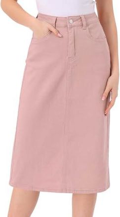 Allegra K Jupe en Jean d&eacute;contract&eacute;e pour Femmes, Taille Haute, Extensible, mi-Longue Rose L