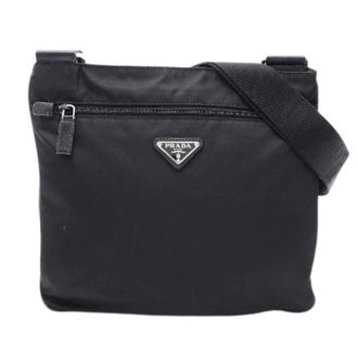 Prada Sac bandouli&egrave;re en nylon Saffiano et cuir avec plaque triangle Pre-owned - Femme - Pre-owned - Noir - Taille: ONE Size