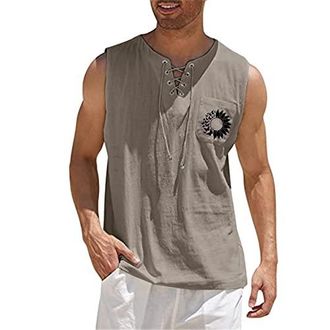 Generic D&eacute;bardeur Henley en coton et lin pour homme - Printemps - &Eacute;t&eacute; - D&eacute;contract&eacute; - Sport d&eacute;contract&eacute; - Sans manches - Gilet en coton et lin - Pour peinture