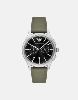Emporio Armani Herrenuhr in Silberoptik mit gr&uuml;nem Lederarmband
