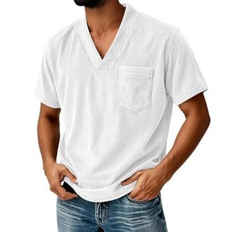 Generic DENGJIAMY T-shirt &agrave; manches courtes et col en V &agrave; rayures verticales pour homme T-shirt d&eacute;contract&eacute; tendance avec poche grande taille T-shirts unis cl