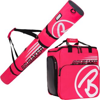 Brubaker Kombi Set Champion - Limited Edition - Skisack und Skischuhtasche für 1 Paar Ski bis 190 cm + Stöcke + Schuhe + Helm Pink Weiss