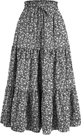 Onsoyours Rock Damen Hohe Taille Elastisch Blumen R&ouml;cke A-Linie Maxirock Boho Strandrock Sommerrock A Schwarz M