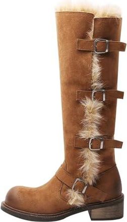 Generic Bottes Hautes Femme dHive Talon Bas Bout Rond Doublure En Peluche Chaude Boucle Bottes Semelle Antid&eacute;rapante Vintage Tendance Chaussures D&eacute;contract&eacute;es