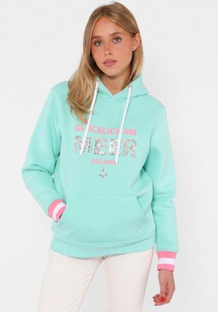 Zwillingsherz Hoodie Gl&uuml;cklich am Meer mit Pailletten, Kapuze und kontrastfarbigen B&uuml;ndchen
