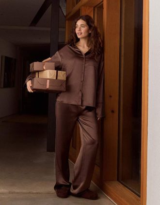 4th & Reckless Pantalon ample densemble en satin &agrave; taille &eacute;lastique - Chocolat-Brown