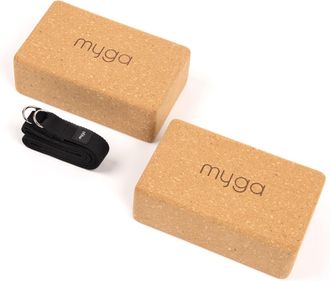 Myga Kork Yoga Zubehör Set | 2 Rutschfeste Kork Blöcke & Verstellbarer Gurt (Schwarz) | Perfekt für Anfänger & Fortgeschrittene | Unterstützung bei Yoga & 