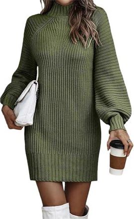 Generic Mini robe pull &agrave; col roul&eacute; et manches longues en tricot c&ocirc;tel&eacute; chaud extensible et manches chauve-souris surdimensionn&eacute;e pour lhiver, vert militaire, 