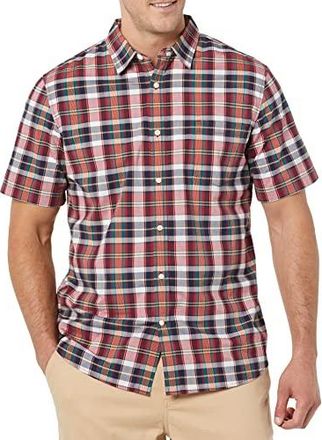 Amazon Essentials Chemise en Popeline à Manches Courtes Coupe Ajustée Homme, Bleu Marine Rouge Blanc Écossais, XXL