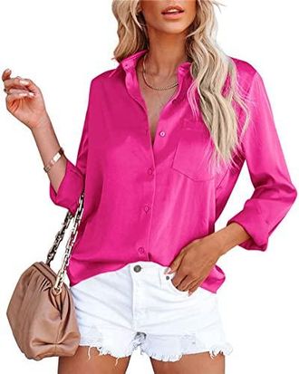 Minetom Femme Chemisiers en Satin à Col V Chic Tunique Casual Shirt Manches Longues Blouse Chemisier Bouton Décontracté pour Femmes Shirt Automne Hiver Bouton