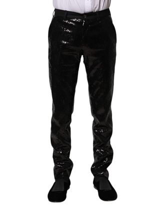 Dolce & Gabbana Mens Black Sequined Embellishment Pants Polyester Virgin Wool