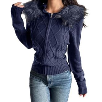 Generic Y2K Cardigan &agrave; capuche pour femme avec doublure en fausse fourrure et fermeture &eacute;clair &agrave; manches longues et bordure en fourrure Style vintage, bleu ma