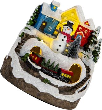 Garneck Beleuchtetes Miniatur Weihnachtshaus mit Musik und Zug LED Weihnachts Schreibtischdekoration aus Kunststoff Kompakte Weihnachtsfigur als Geschenk