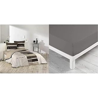 Douceur d'Intérieur 1640448 - Parure 3 P - So Natural - Imprimé - 220 x 240 cm - 42 Fils Allover & 1640653 Drap Housse Uni Coton 57 Fils Gris Souris 140 x 190 cm