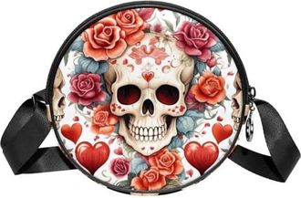 Generic Petit sac &agrave; bandouli&egrave;re circulaire pour femme, motif cr&acirc;nes, fleurs, petit sac &agrave; bandouli&egrave;re avec fermeture &eacute;clair, bretelles r&eacute;glables, sac &agrave; main ro