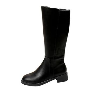 Generic Bottes hautes pour femme en similicuir &eacute;l&eacute;gant de couleur unie talon bas plat fermeture &eacute;clair lat&eacute;rale classique d&eacute;contract&eacute;e confortable bottes d&eacute;qu