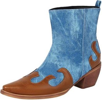 SJJH Bottines western pour femme - Talon bloc de 5,6 cm et dentelle - Tissu jean et mat&eacute;riau ext&eacute;rieur en polyur&eacute;thane - Pour le quotidien et les loisirs, 