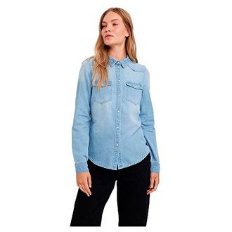 Vero Moda Womens VMMARIA LS T-Shirt Slim pour Femme M&eacute;lange New Noos Denim Bleu Clair/D&eacute;tails : Point Bouleau, Taille M, Bleu Clair Denim/d&eacute;tail : Bouleau, M