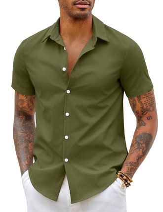 Coofandy Herren Hemden Kurzarm Business Hemd Slim Fit Wrinkle Free Hemd Sommerhemd Freizeithemd Einfarbig Basic Shirt Oberteile M&auml;nner Modern Kurzarmhemd Armee