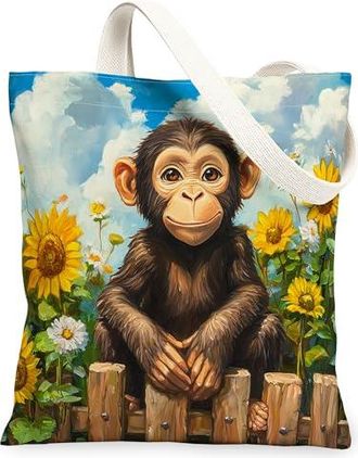 Generic Sac fourre-tout en toile de singe printanier pour faire du shopping, 33 x 38,1 cm, motif tournesol, cl&ocirc;ture animali&egrave;re, sac d&eacute;picerie r&eacute;utilisable, sa