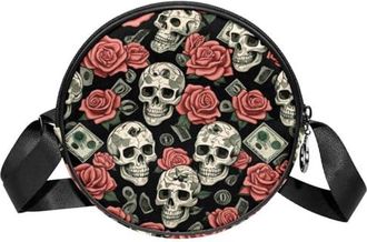 Generic Petit sac &agrave; bandouli&egrave;re circulaire pour femme, motif cr&acirc;nes, fleurs, petit sac &agrave; bandouli&egrave;re avec fermeture &eacute;clair, bretelles r&eacute;glables, sac &agrave; main ro